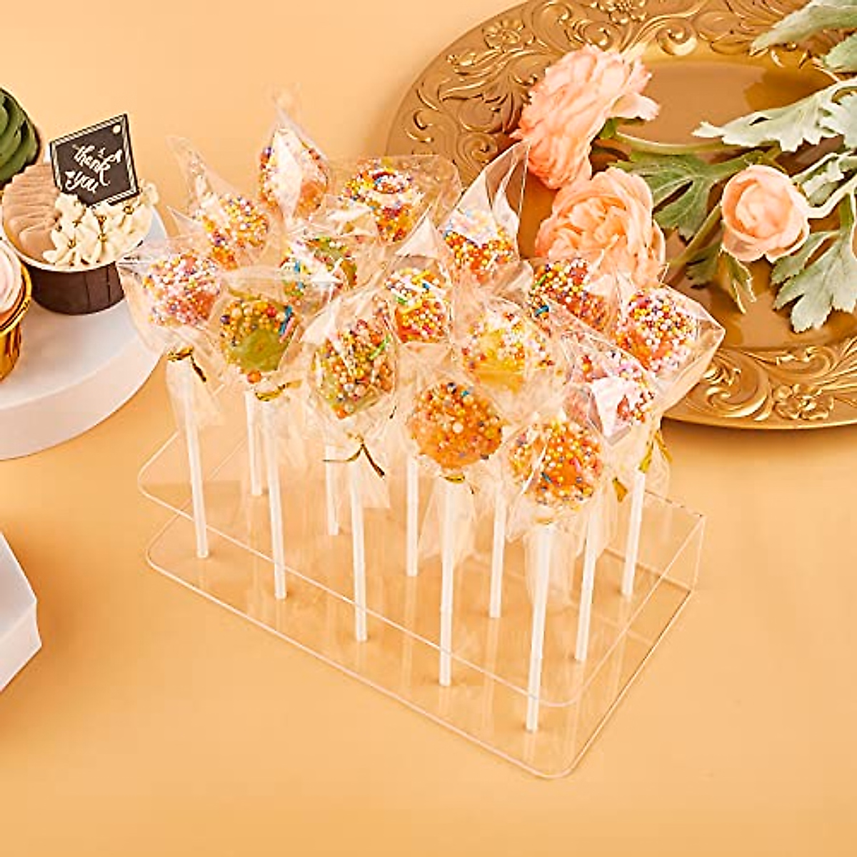 2Pack Upgraded Acrylic Cake Pop Display Stand 15 Hole Clear Acrylic Lollipop Holder with 50Pcs Lollipop Sticks, 50Pcs Packaging Bags and 50Pcs Gold Metallic Twist Ties