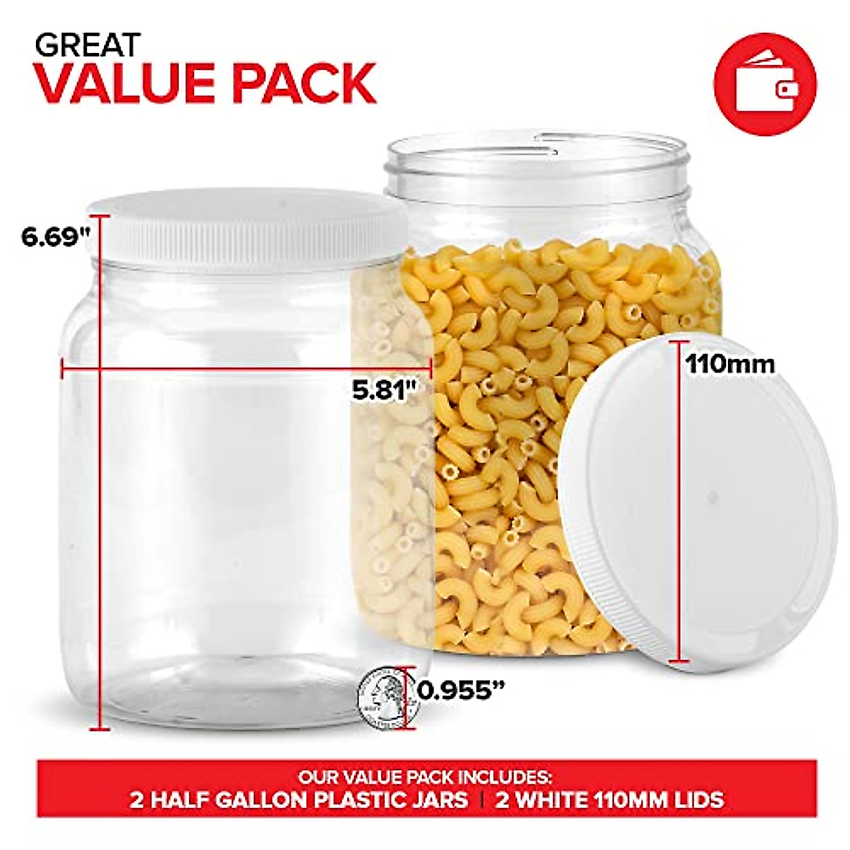 Stock Your Home Half Gallon Clear Plastic Jars with Lids (2 Pack) 64 oz Wide Mouth Large Jar with Lid, Big Container for Candy, Cookies, Arts & Crafts, Bartender Money Tips, Kitchen & Pantry Storage