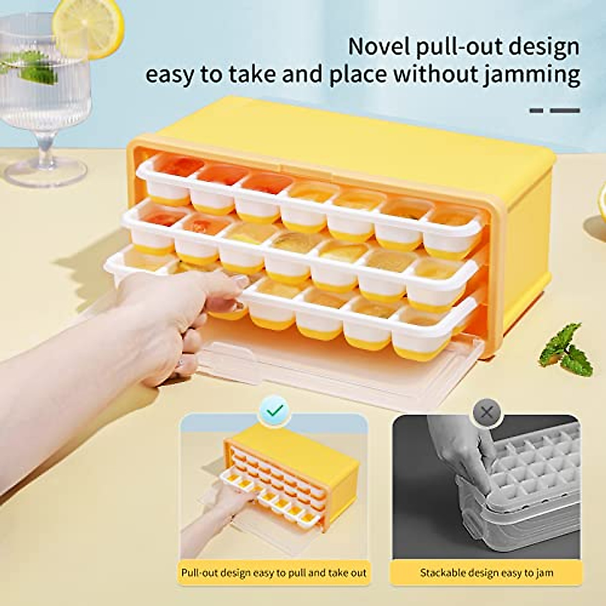 Ice Cube Tray - Ice Tray, Silicone Ice Cube Tray with Bin, Ice Cube Trays for Freezer with Lid, 3 Pack Ice Tray with Ice Bucket, Ice Scoop. Mini Ice Maker, Easy Release Ice Cube, Ice Molds for Whiskey
