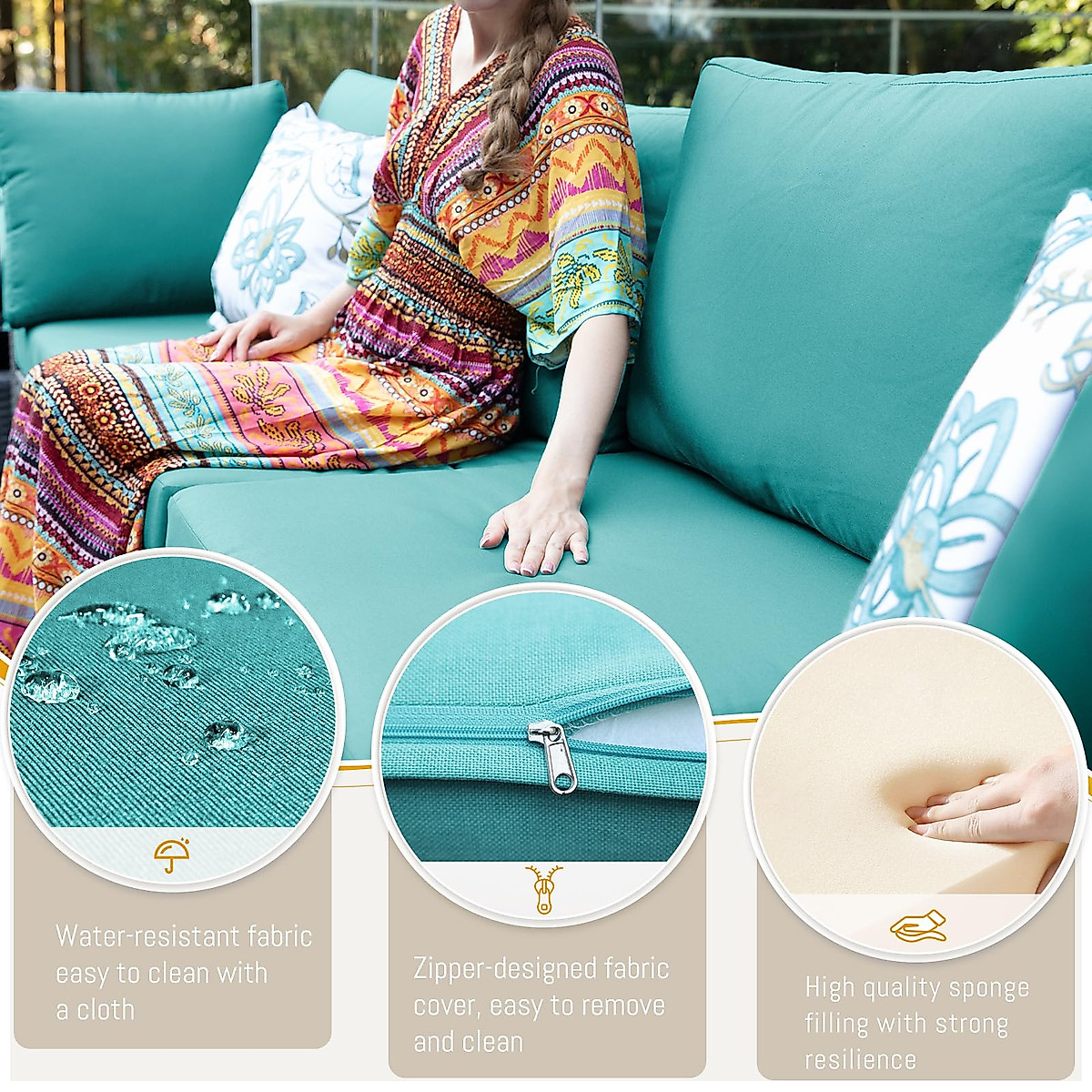 BULEXYARD High Back Brown PE Rattan Outdoor Patio Furniture Set with Propane Fire Pit Table, Large Wicker Outside Sectional Furniture Sofa Conversation Sets for Backyard(Aqua Blue, 7Pcs-A)