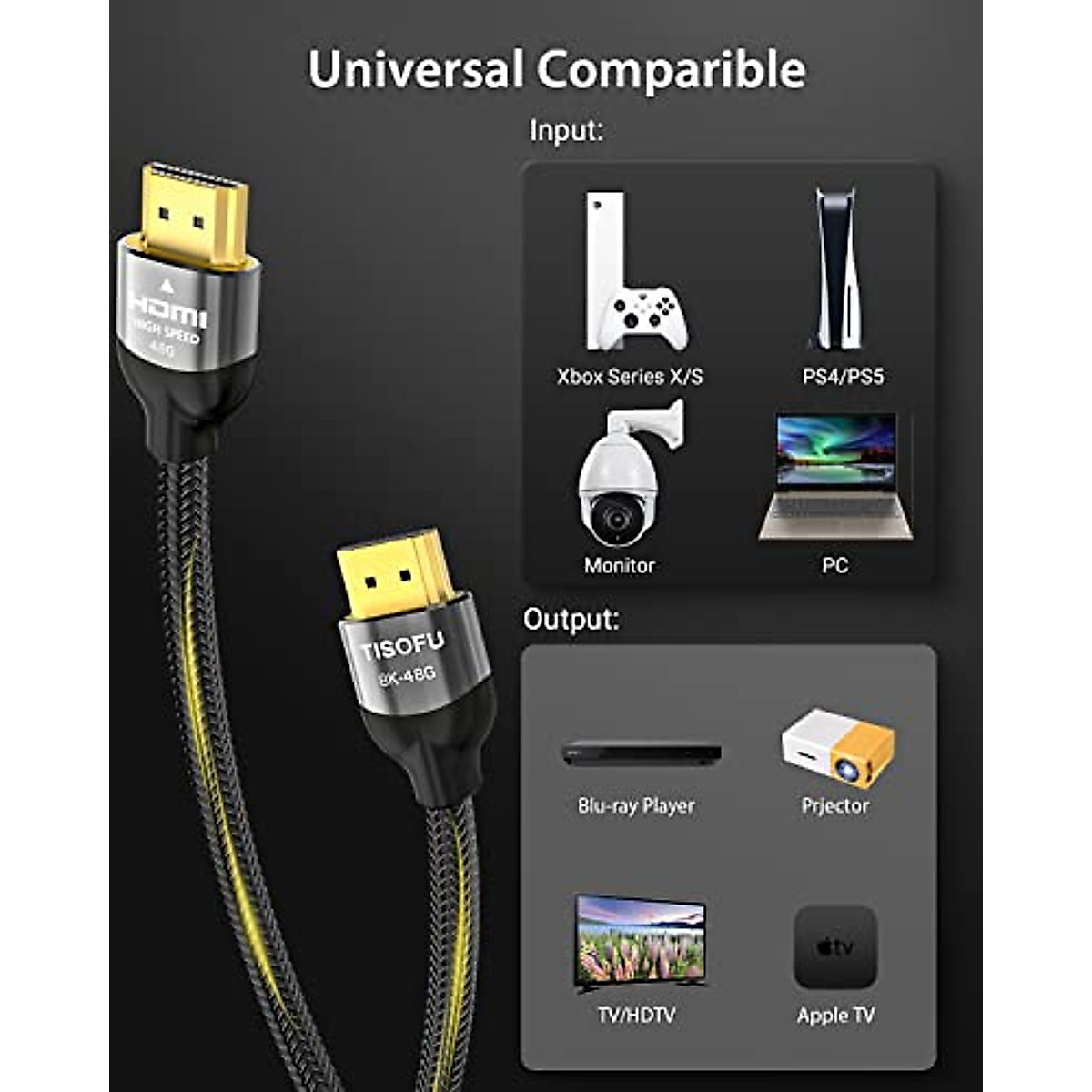 TISOFU Ultra Certified 10K 8K HDMI Cable 6FT: HDMI 2.1 Cables 48Gbps High Speed Premium Braided Cord 8K@60Hz 4K@120Hz 4K@144Hz HDCP 2.2&2.3 CL3 ARC eARC for HD/HDR/HDTV