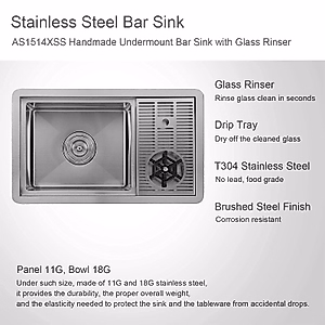 AguaStella AS1514XSS Stainless Steel Bar Sink with Glass Riner and AS59BN Brushed Nickel Pull Down Bar Faucet Combination