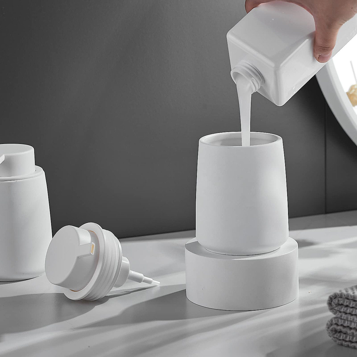 White Foam Hand Soap Dispenser - 12Oz Ceramic Foaming Soap Dispenser for Bathroom with Easy-to-Press Pump, Refillable Liquid Lotion Hand Soap Dispenser, Dish Soap Dispenser for Kitchen (Rubber Paint)