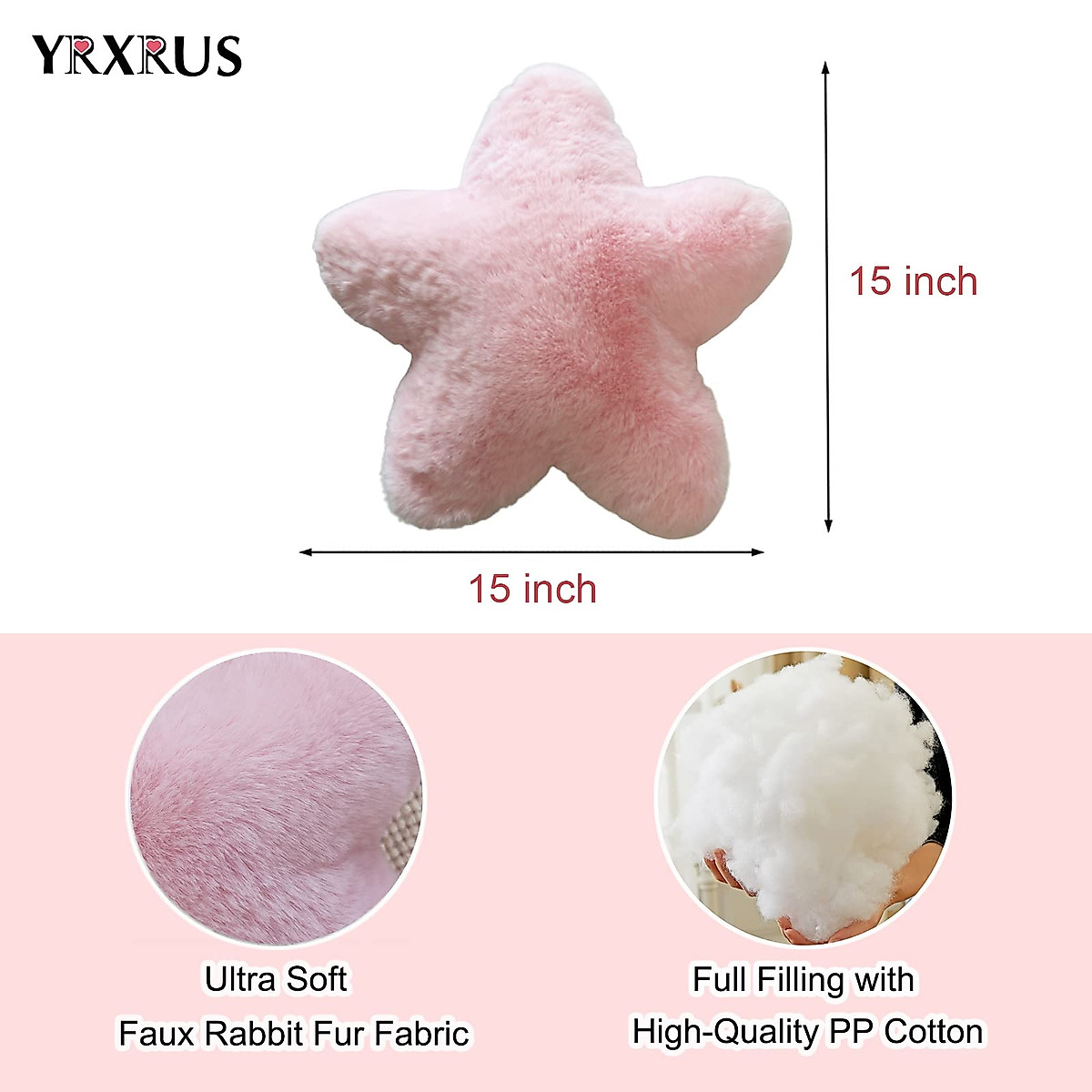 YRXRUS Star Pillows, Pink Star Shaped Pillow, Throw Pillow Gifts, Cute Christmas Room Decor, Fluffy Faux Rabbit Fur Pillow, 15x15 Inches Ultra Soft Pillow