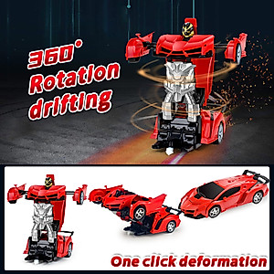 Transformable Remote Control Car for Boys 4-7 8-12 Gifts, 1:18 Transform Robot Toy Car with 360° Rotating Led Lights & One Button Deformation, Kids Robot Toys for 3 4 5 6 7 8 9 10+Years Old, Red