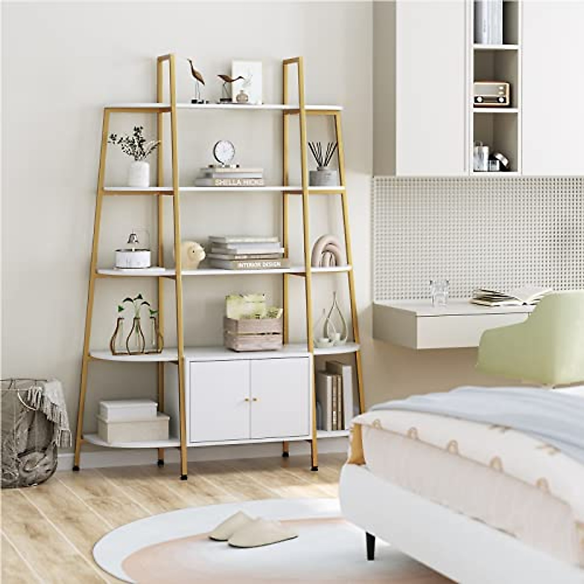 finetones Triple Wide 5-Tier Bookcase with Cabinet, White Bookshelf with Gold Metal Frame, Industrial Style Free Standing Bookshelf, Adjustable Feet, Large Open Display Shelves for Home & Office