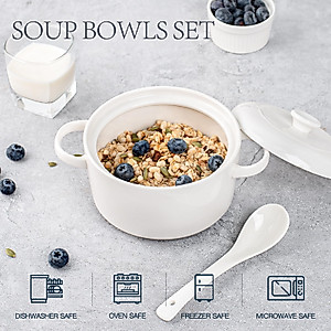 DELLING 28 Oz Soup Bowls with Handles and Lids, Large French Onion Soup Bowls, Ceramic Soup Crocks for French Onion, Oven Safe Bowls for Chili, Beef Stew, Cereal, Pot Pies, Bowls Set of 4, White