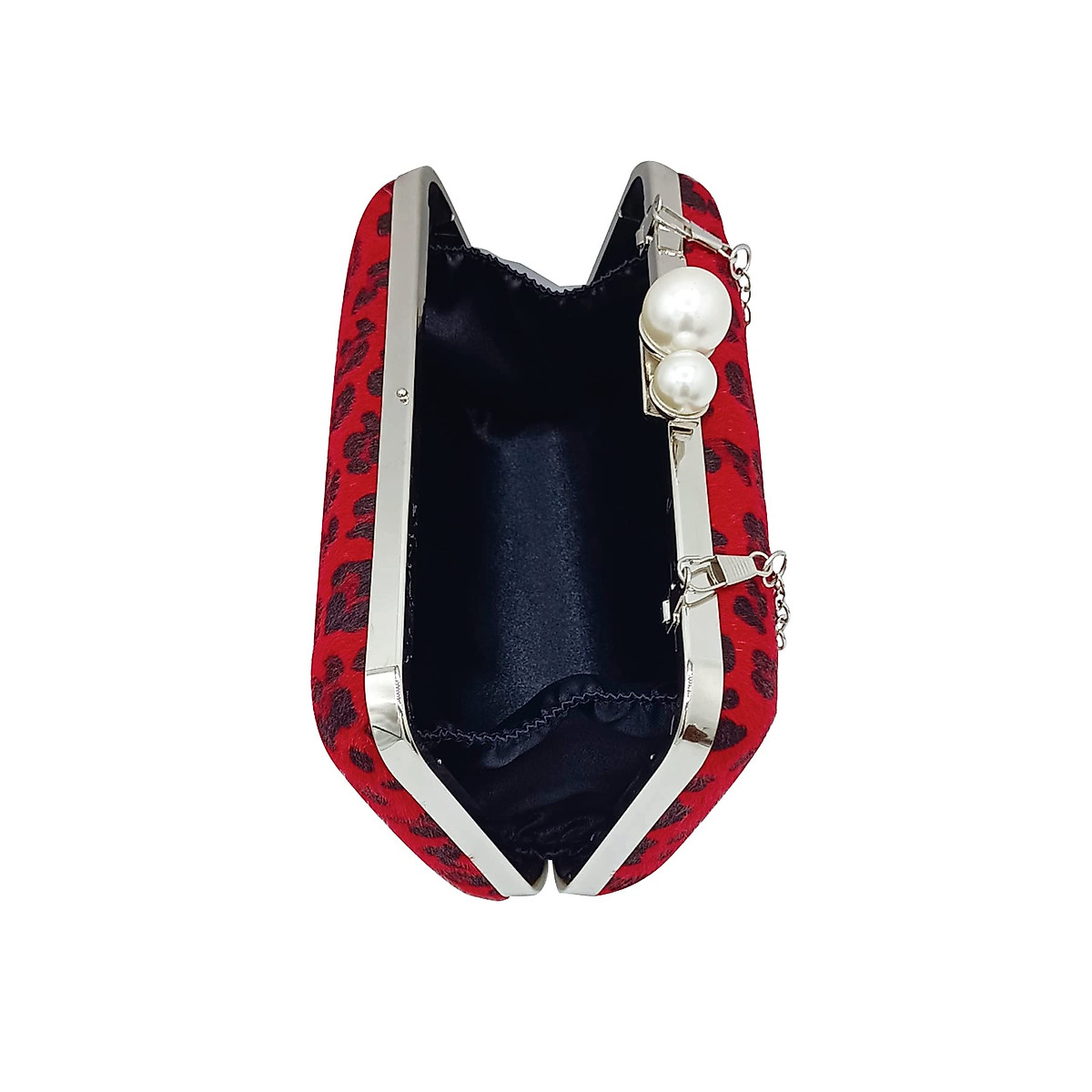 Plush Evening Bag for Women Stylish Leopard Print Handbag Pearl Chain Purse for Party Prom Red