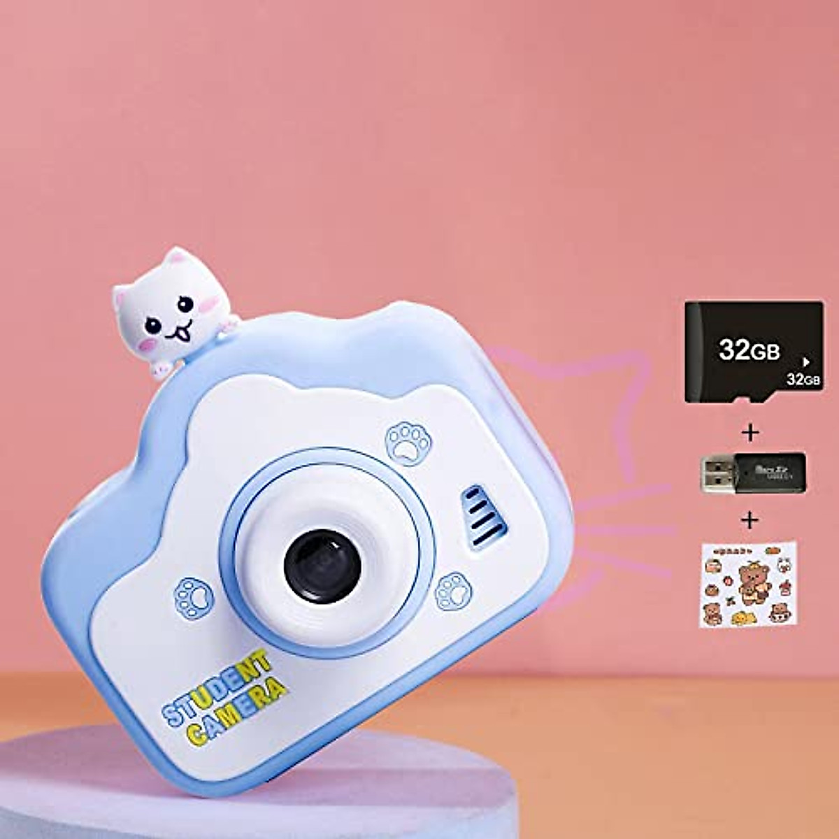 Children's HD Front & Rear Dual Camera, 2000w Mini 2.0 Inch Camera Camera Video Game Music Integration Including 32G Memory Card, Easy to Use & Durable (Light Blue)