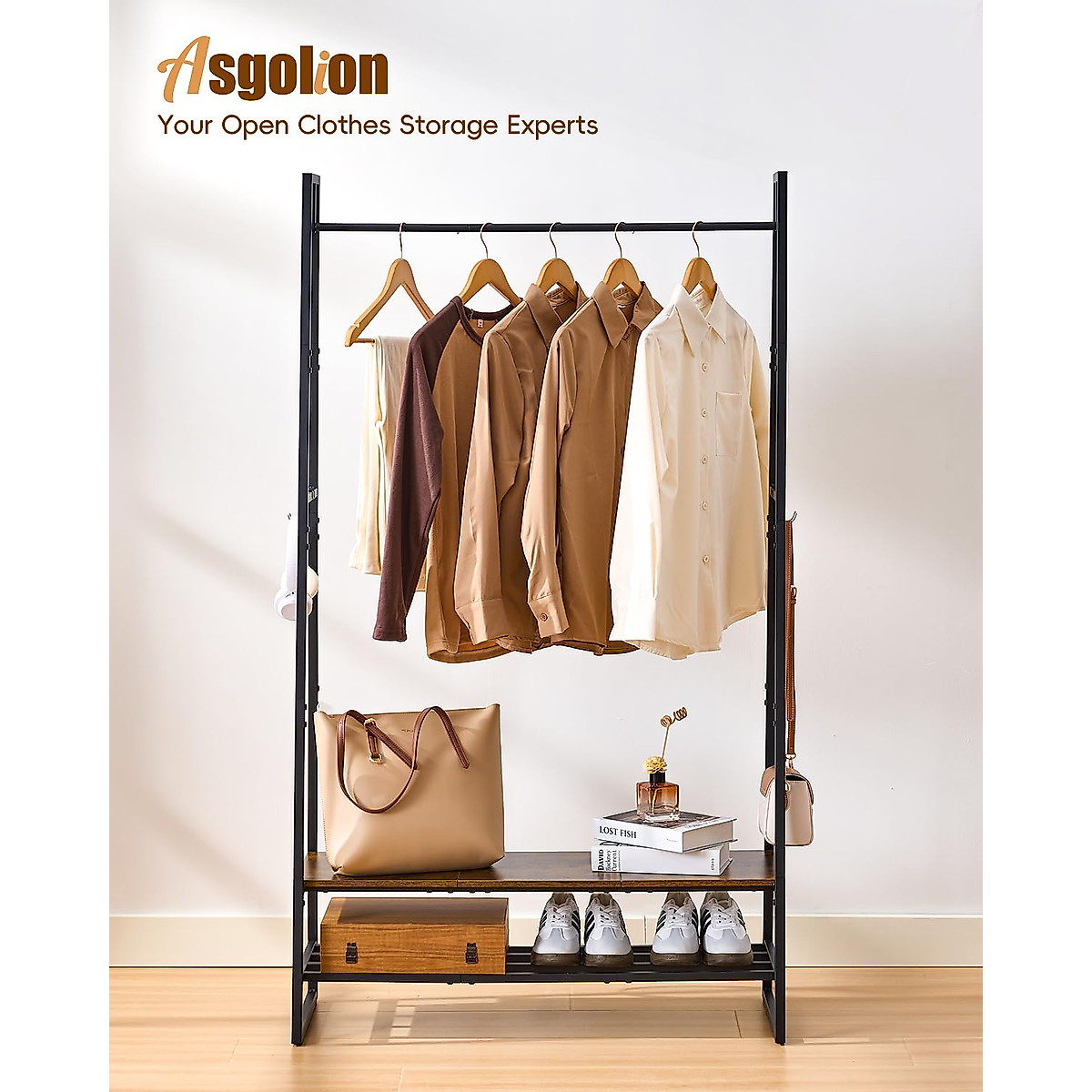 Asgolion Clothing Rack, Clothes Rack for Hanging Clothes, Garment Rack with 2 Shelves and 4 Hooks, Metal Standing Clothes rack for Bedroom, Closet, Rustic Brown
