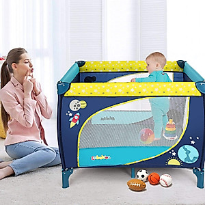 Baby Play Portable Playard Play Pen with Mattress Safety Baby Playard with Door Activity Center for Toddler Boys Girls Fun Time Indoor and Outdoor 39inch x 39inch（Blue）