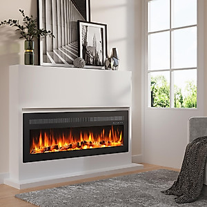 60 inches Electric Fireplace, Recessed and Wall Mounted Fireplace, Adjustable 20 Flame Colors and 5 Speeds, Remote Control & Touch Screen with Timer, Linear Fireplace W/Thermostat, Black