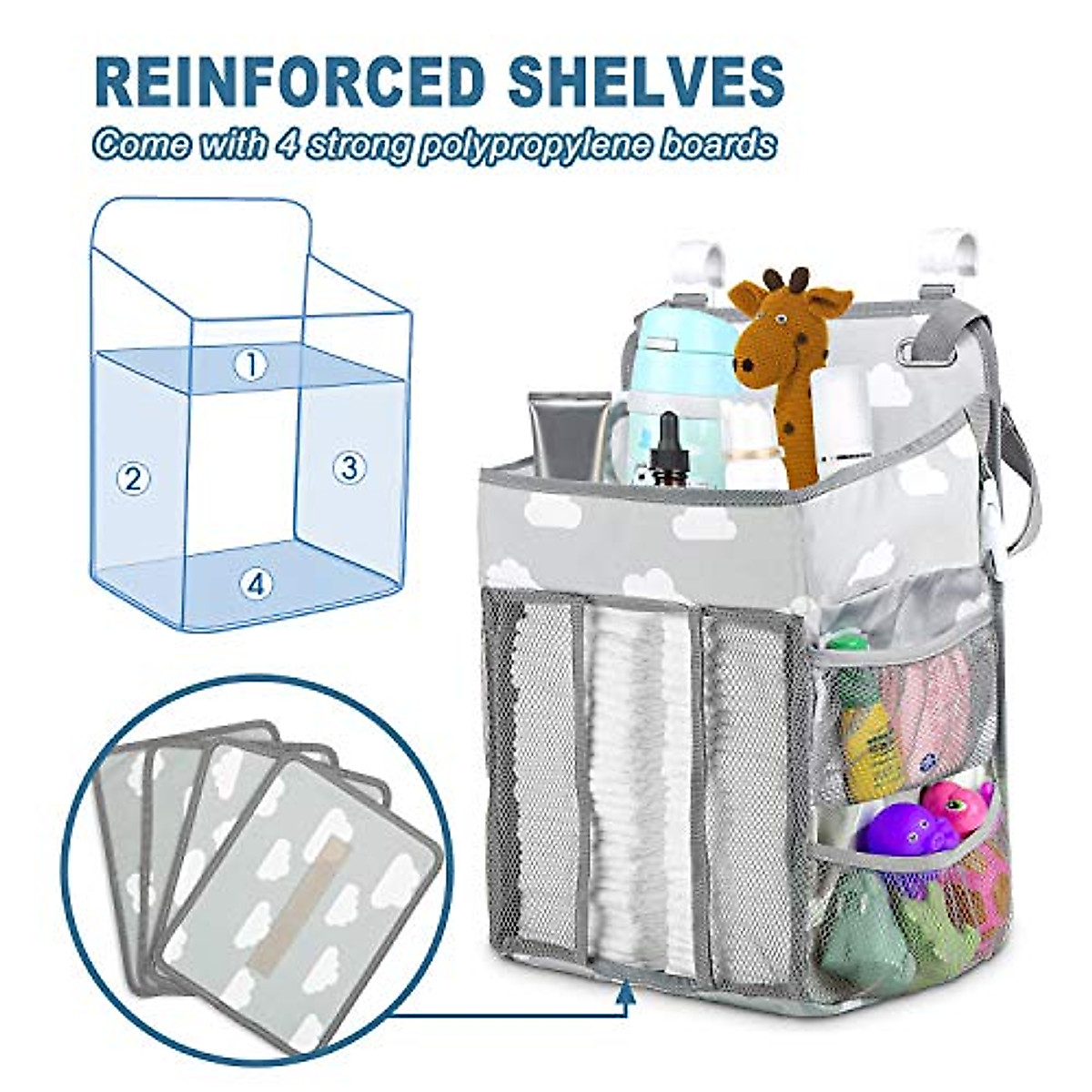 Diaper Caddy Hanging Diaper Caddy Organizer, Hanging Nursery Nappy Organiser Diaper Holder Caddy Stacker for Baby Girl Boy Crib Changing Table Playard Wall Baby Shower Gifts Bedside Storage Bag -Grey
