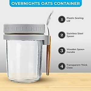 Overnight Oats Mason Jar with Lid and Spoon| 10 OZ| Multi Purpose| Airtight Seal Container with Measurement Marks (Gray)