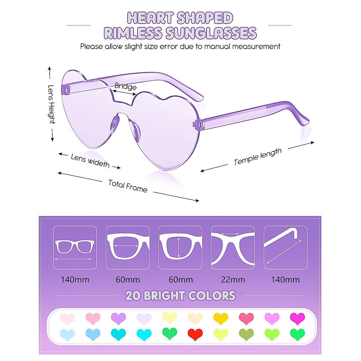 Frienda 20 Pairs Heart Shaped Sunglasses Rimless Candy Color Glasses for Women Men Party Favor(Elegant Colors)