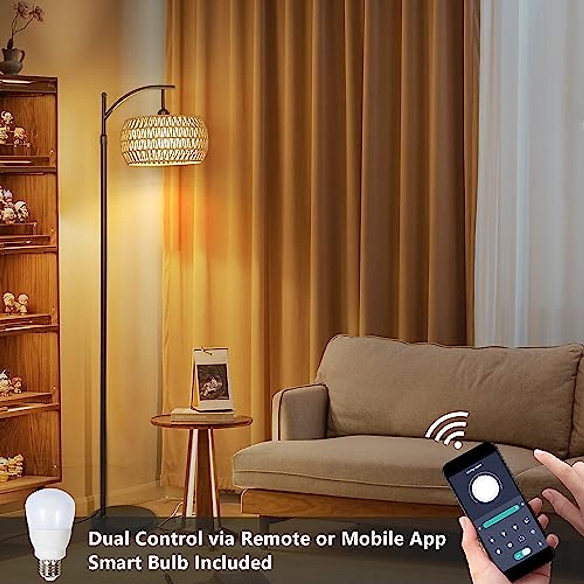 Arc Floor Lamp with Remote Control, Dimmable LED Floor Lamp with 3 Color Temperature, Black Standing Lamp with Rattan & Fabric Double Drum Shade, Boho Farmhouse Tall Pole Lamp for Living Room Bedroom