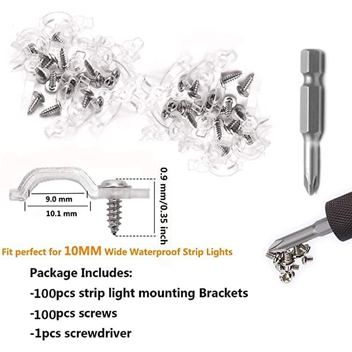 100 Pack Strip Light Mounting Bracket,Transparent Fixing Clips for 10mm Wide IP65 Waterproof 5050 LED Strip Light,One Side Fixing,100 Screws Included