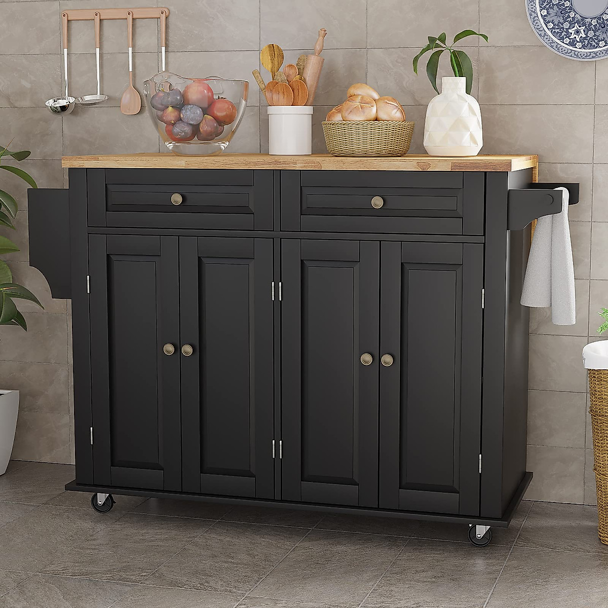 Rolling Kitchen Island with Drop Leaf – Movable Kitchen Carts on Wheels Island with Storage Cabinet, Island Table for Kitchen with Rubber Wood Top and Rack and Drawer, Matte, Black