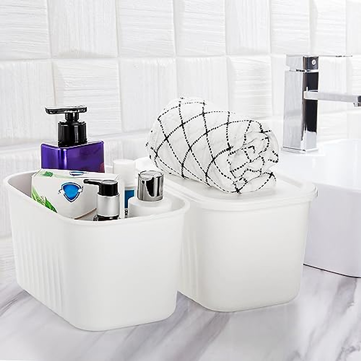 Dicunoy 6 Pack Lidded Storage Bins with Lids, Stackable Storage Baskets, White Plastic Pantry Organizer for Toiletries, Shelf, RV, Lockers