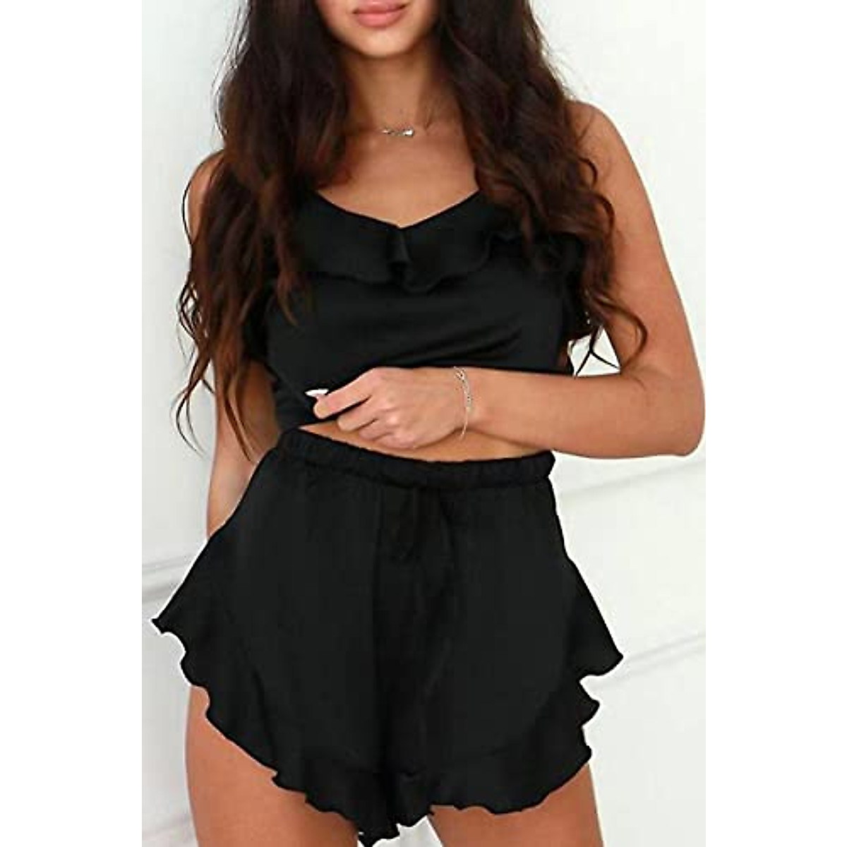 CHYRII Women's Sexy Silk Satin Ruffled Pajamas Sets Cami Shorts Sets Cute PJS Lingerie Slppewear Set Black M
