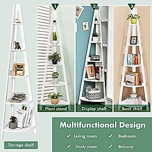Tangkula 5 Tier Corner Shelf, 69 Inch Tall Corner Bookshelf, 5 Shelf Small Bookcase, Wooden A-Shaped Display Storage Rack, Corner Ladder Shelf Plant Stand for Living Room Home Office