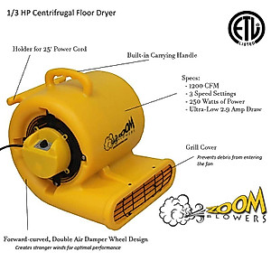 Zoom Blowers® 1/3 Horsepower Carpet Dryer, Air Mover | Commercial Grade Floor Blower Fan