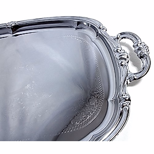 Maro Megastore (Pack of 4) 21-Inch x 13.5-Inch Elegant Victoria Floral Engraved with Handle Serving Tray Silver Metal Plate Platter Food Decorative Buffet Wedding Party (Extra Large) T166-4pk