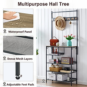 Hoctieon 5-Tier Hall Tree with Shoe Rack, Hall Trees for Entryway with Storage, Hall Tree with Bench and Shoe Storage, Mesh Slant, Greige
