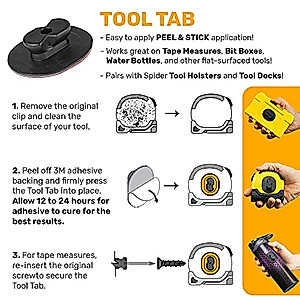 Spider Tool Holster - Tape Measure Set - 1 Tool Holster + 1 Adhesive Tool Tab - Self Locking, Quick Draw Universal Tool Holder for Conveneintly Accessing a Tape Measure, Bit Box, Bottle and More!
