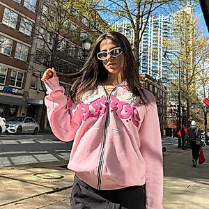 Amiblvowa Womens Men Star Designer Graphic Puff Print Hoodies Long Sleeve Zip Up Aesthetic Harajuku Jacket Sweater Y2k Streetwear Pink