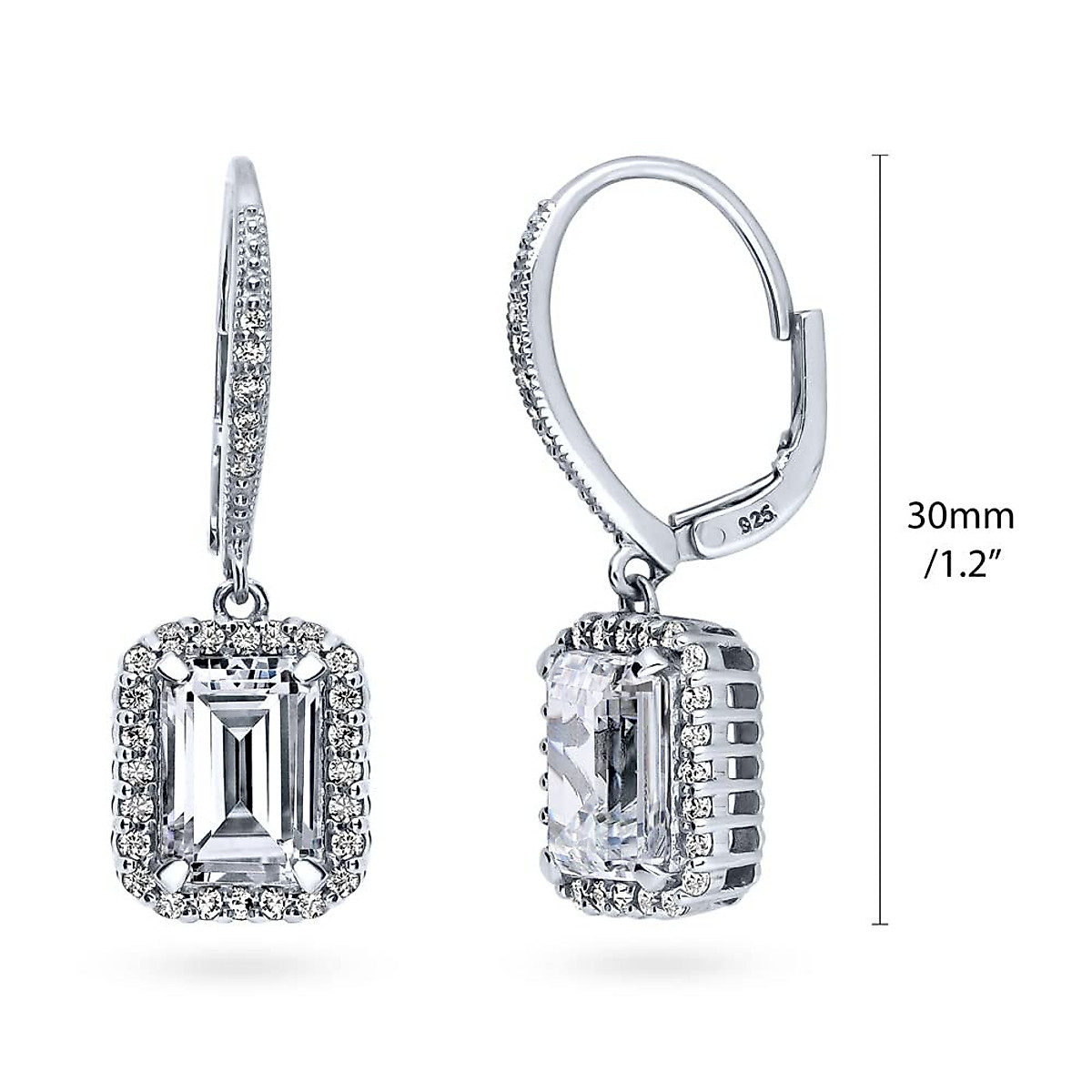 BERRICLE Sterling Silver Halo Emerald Cut Cubic Zirconia CZ Anniversary Leverback Dangle Drop Earrings for Women, Rhodium Plated
