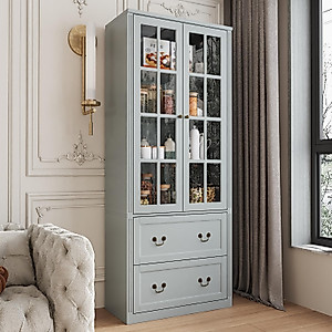 Homsee 78.7" H Bookcase Bookshelf with 4-Tier Shelves, 2 Drawers & 2 Glass Doors, Wooden Display Storage Cabinet for Home Office, Living Room, Green Grey