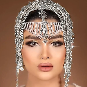 STONEFANS 1920s Rhinestone Headpiece Cap Silver Bridal Flapper Head Chain Headband Prom Gatsby Cleopatra Hair Accessories for Women Costume (Silver1)