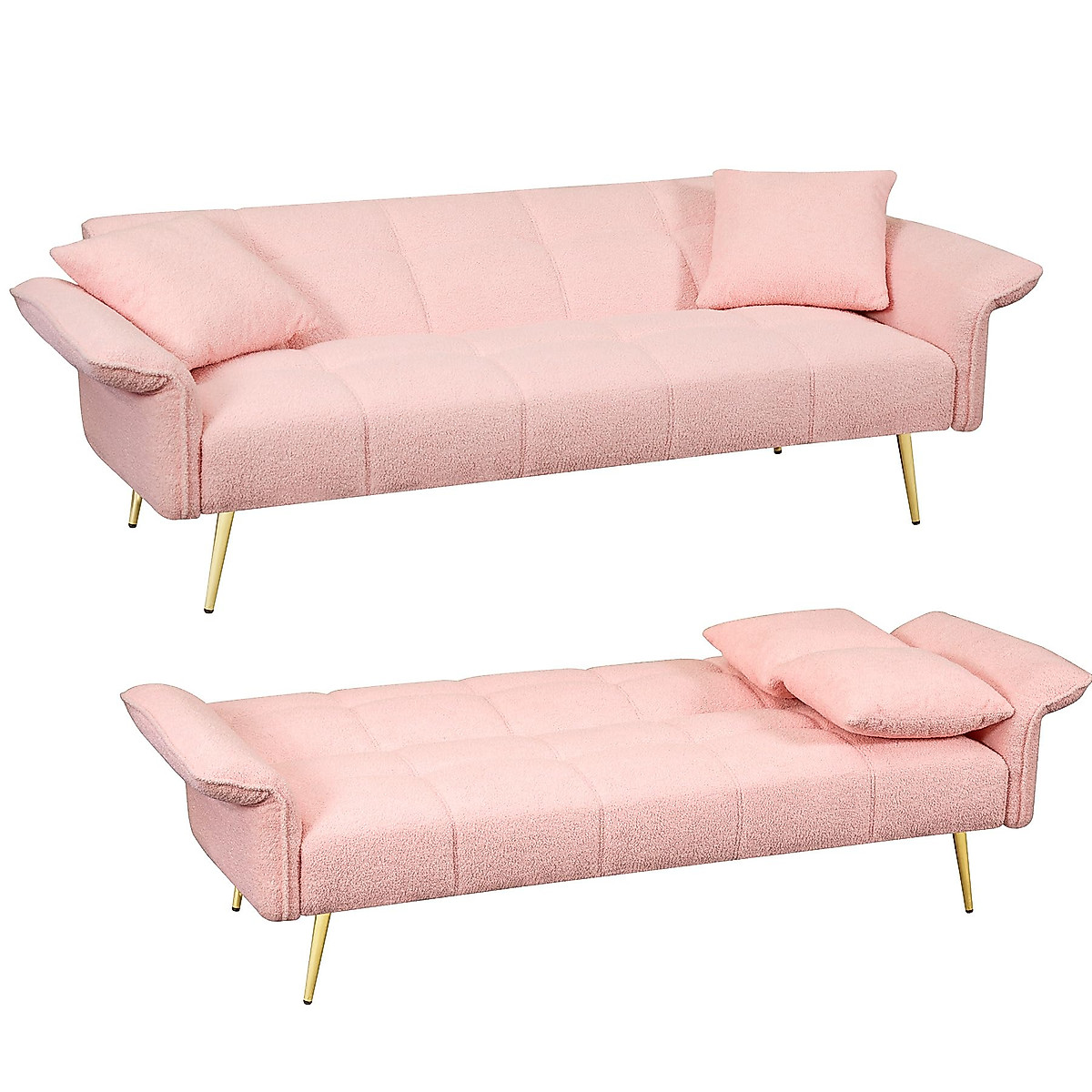 OUYESSIR Teddy Futon Sofa Bed with 2 Pillows, Small Couch, Convertible Futon Sleeper Sofa with Folding Armrests, 70" Modern Loveseat Couch for Bedroom, Living Room (Pink)