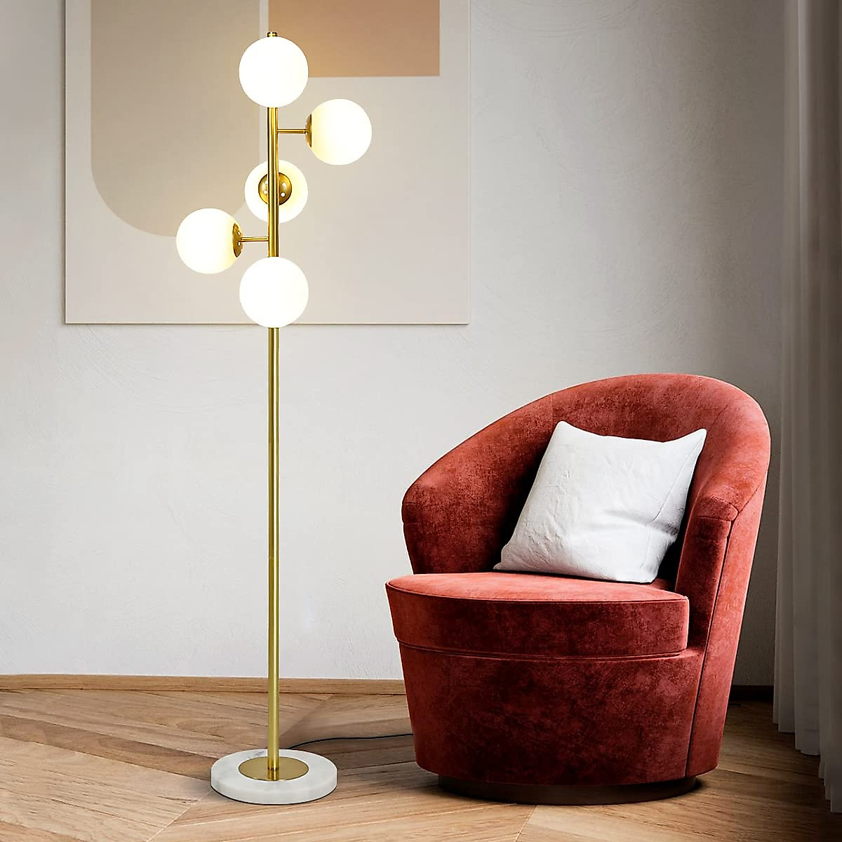 KCO Lighting 5-Light Frosted White Glass Globe Floor Lamp Mid Century Modern Gold Tall Pole Standing Light LED Standing Lamps with Foot Switch for Home Office (Gold)