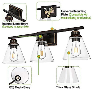 hykolity 3-Light Vanity Light Fixture, 5-Piece All-in-One Bathroom Set (E26 Bulb Base), Oil Rubbed Bronze Wall Lighting with Glass Shads, ETL Listed (Bulb not Included)