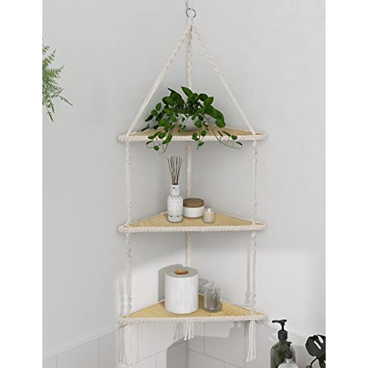 Mazjoaru Macrame Corner Shelves 3 Tier, Boho Handmade Woven White Rope Beige Hanging Floating Shelf Decor Display Storage Organizer for Bedroom Bathroom Office Living Room