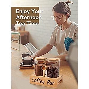 Glass Coffee Containers with Shelf Printed Coffee Bar- 2 Pcs 49oz BPA Free Coffee Storage Jars with Airtight Sealed Bamboo Lids Spoon, Kitchen Food Storage Jars for Coffee Beans & Powder, Sugar, Tea