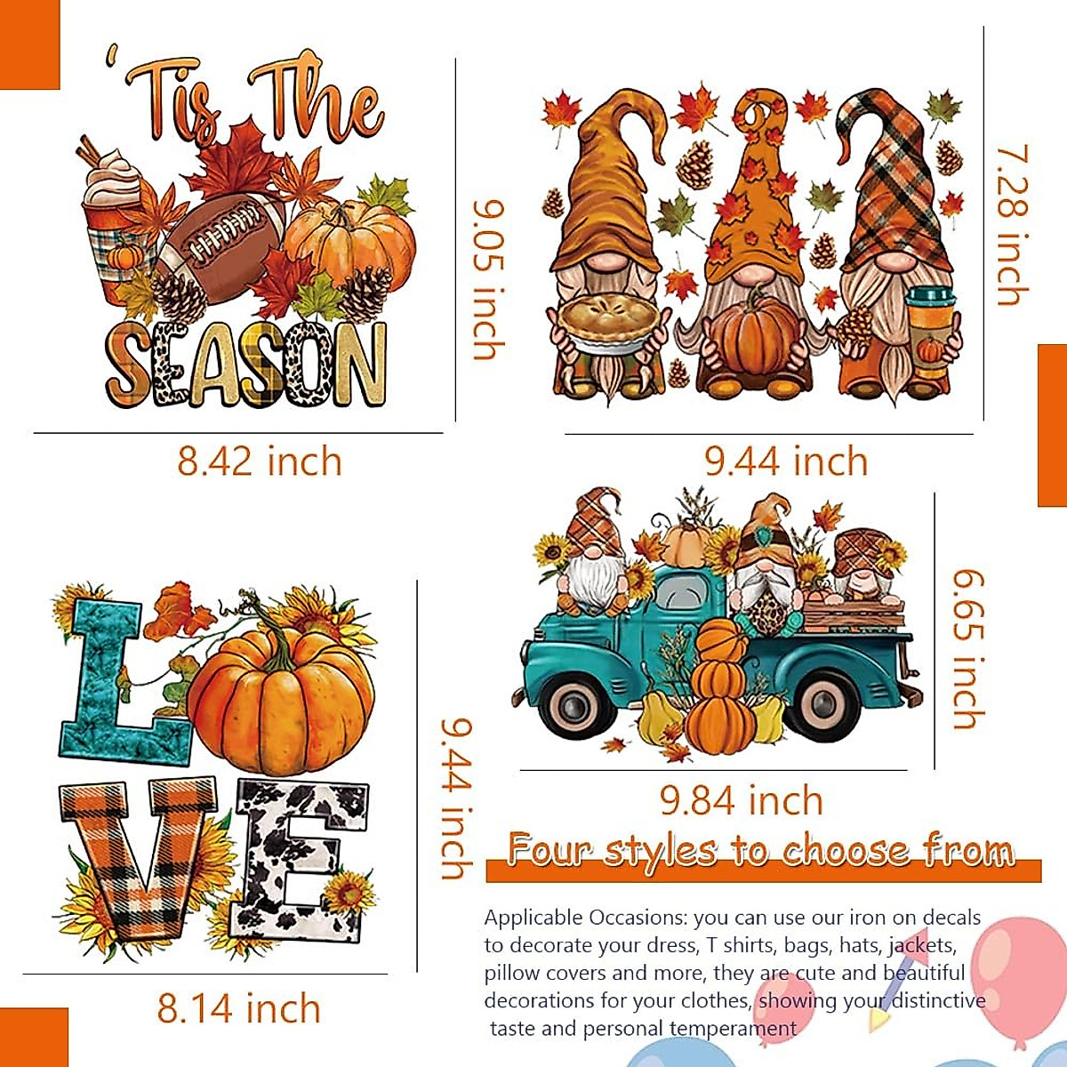 4pcs Pumpkin Maple Leaf Love Iron On Decals Fall Thanksgiving Letter Pattern DIY Iron On Patches Heat Transfer Stickers for Clothing T-Shirt Coat Bag Pillowcase Backpacks Decoration Appliques