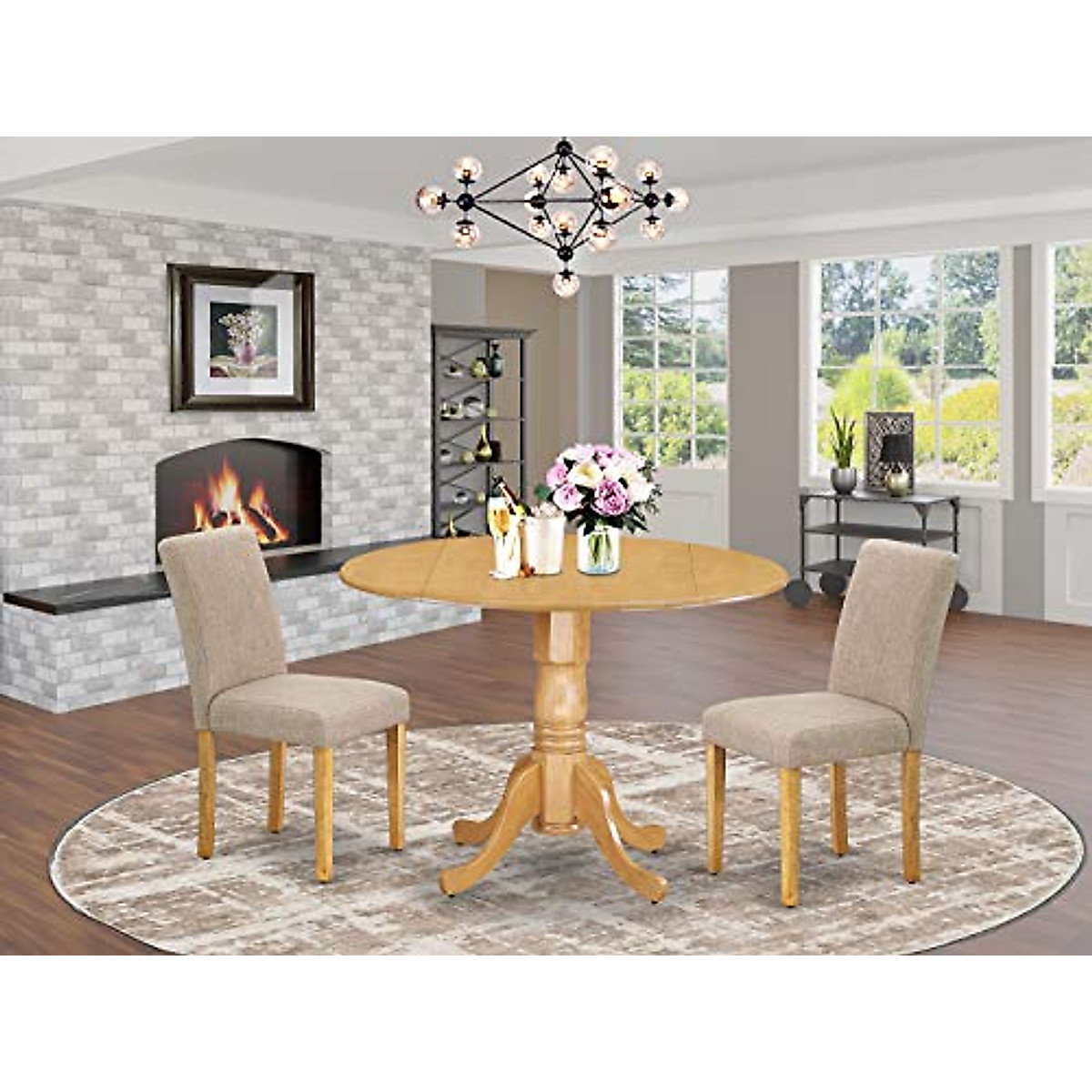 East West Furniture DLAB3-OAK-04 3Pc Round 42" Dining Room Table With Two 9-Inch Drop Leaves And 2 Parson Chair With Oak Leg And Linen Fabric Light Fawn, 3 Pieces