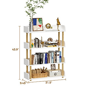 Petpvilit 4-Tier Wooden Bookshelf, Modern Open Bookcase with Top Edge and Solid Wood Frame, Freestanding Bookshelf Storage Organizer for Home Office Living Room