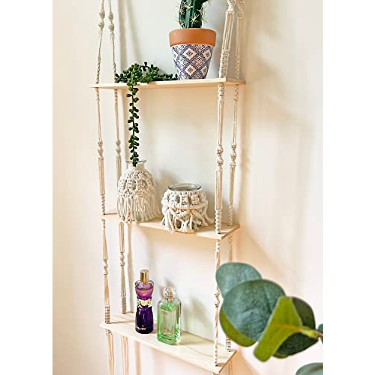 M MANUAL Macrame Wall Hanging Shelf - 3 Tier Wall Shelves Boho Wall Decor Storage Shelf Plant Shelf Bookshelf for Bathroom Bedroom Living Room Handmade Boho Home Decor