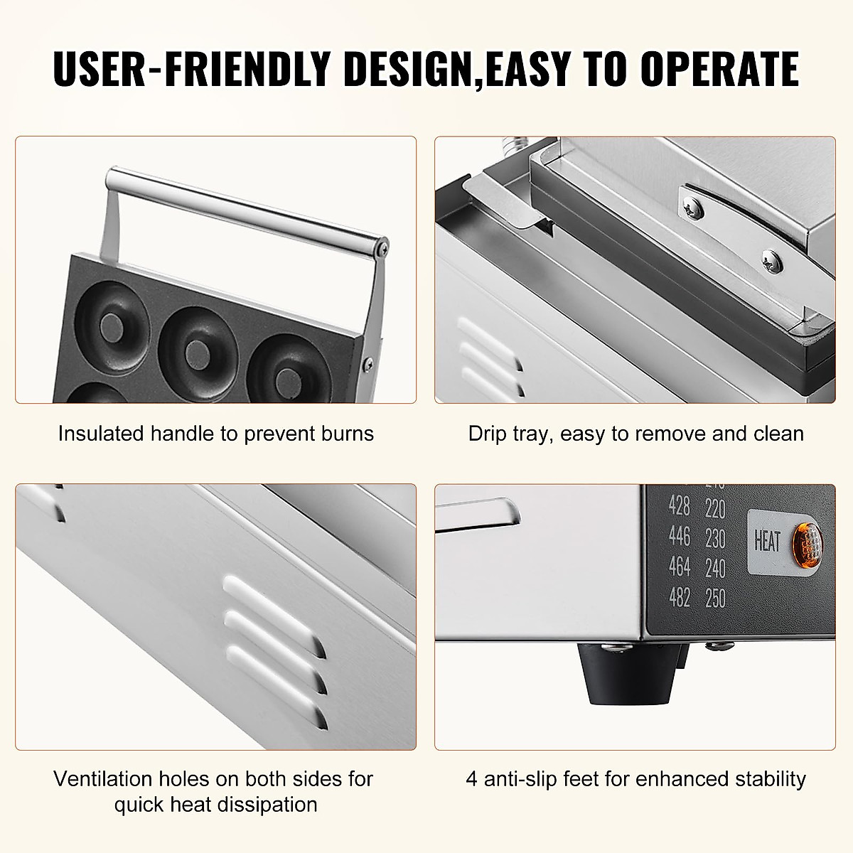 VEVOR Electric Donut Maker, 1550W Commercial Doughnut Machine with Non-stick Surface, 6 Holes Double-Sided Heating Waffle Machine Makes 6 Doughnuts, Temperature 122-572℉, for Restaurant and Home Use