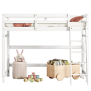 Harper & Bright Designs Twin Size Loft Bed Frame,Wooden Kids Loft Bed with Inclined Ladder & Full-Length Guardrail, High Loft Bed for Teens Girls Boys, Space-Saving, White