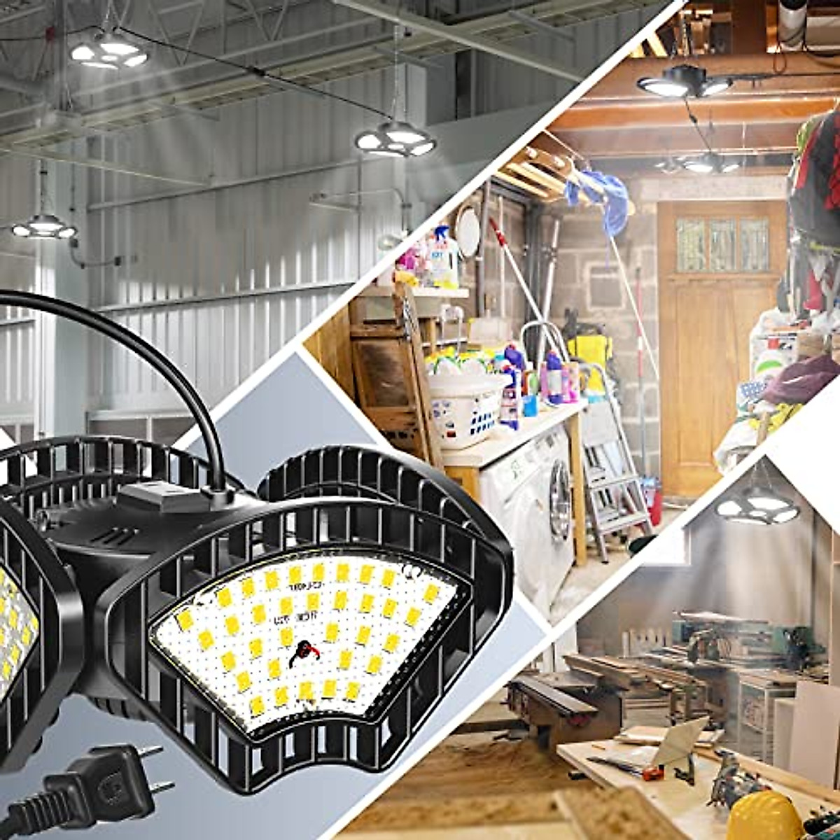 FREELICHT 4 Pack LED Garage Lights with Plug, 90W 9000LM Hanging Deformable Garage Ceiling Lighting 6500K with 4+1 Adjustable Panels, Corded Linkable Shop Light for Basement, Barn, Workbench