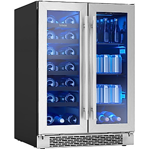 Zephyr Brisas 24 Inch Wine Fridge Dual Zone Under Counter Countertop Wine and Beverage Cooler Cabinet Home Bar Drink Beer Freestanding Refrigerator with Double Door 21 Bottles 64 cans
