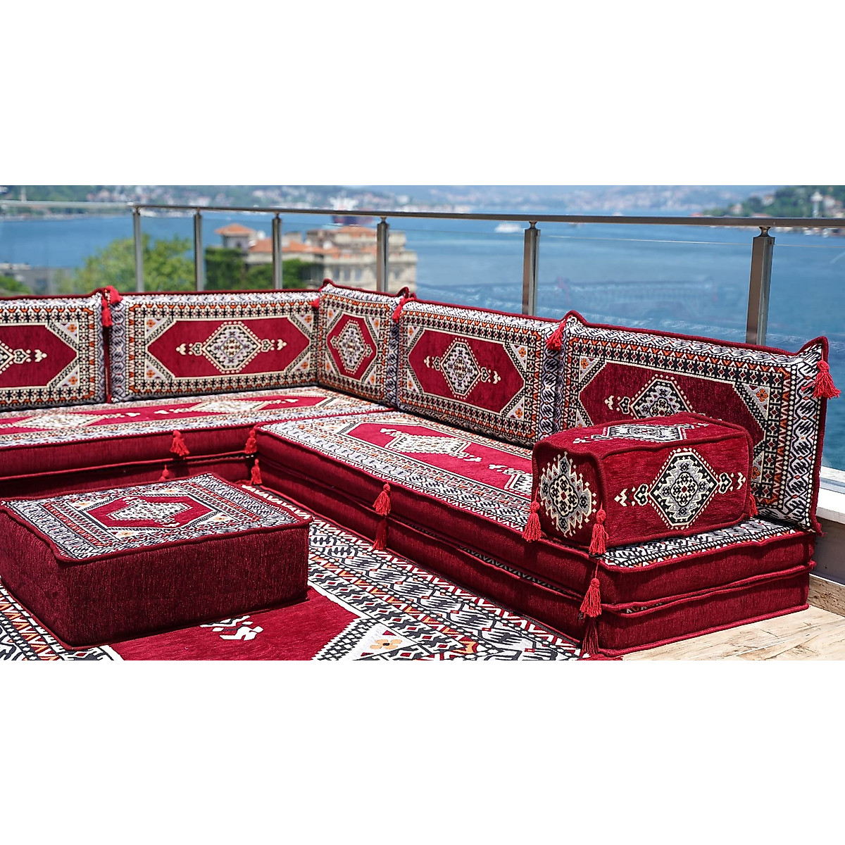 Maroon L Shaped Sectional Sofas, Arabic Sofa Set, Terrace Pallet Sofa, Floor Cushions, Arabic Majlis, Pouffs, Turkish Floor Seating Set (L Sofa + Rug + Ottoman, 8'' Thickness (20 cm))