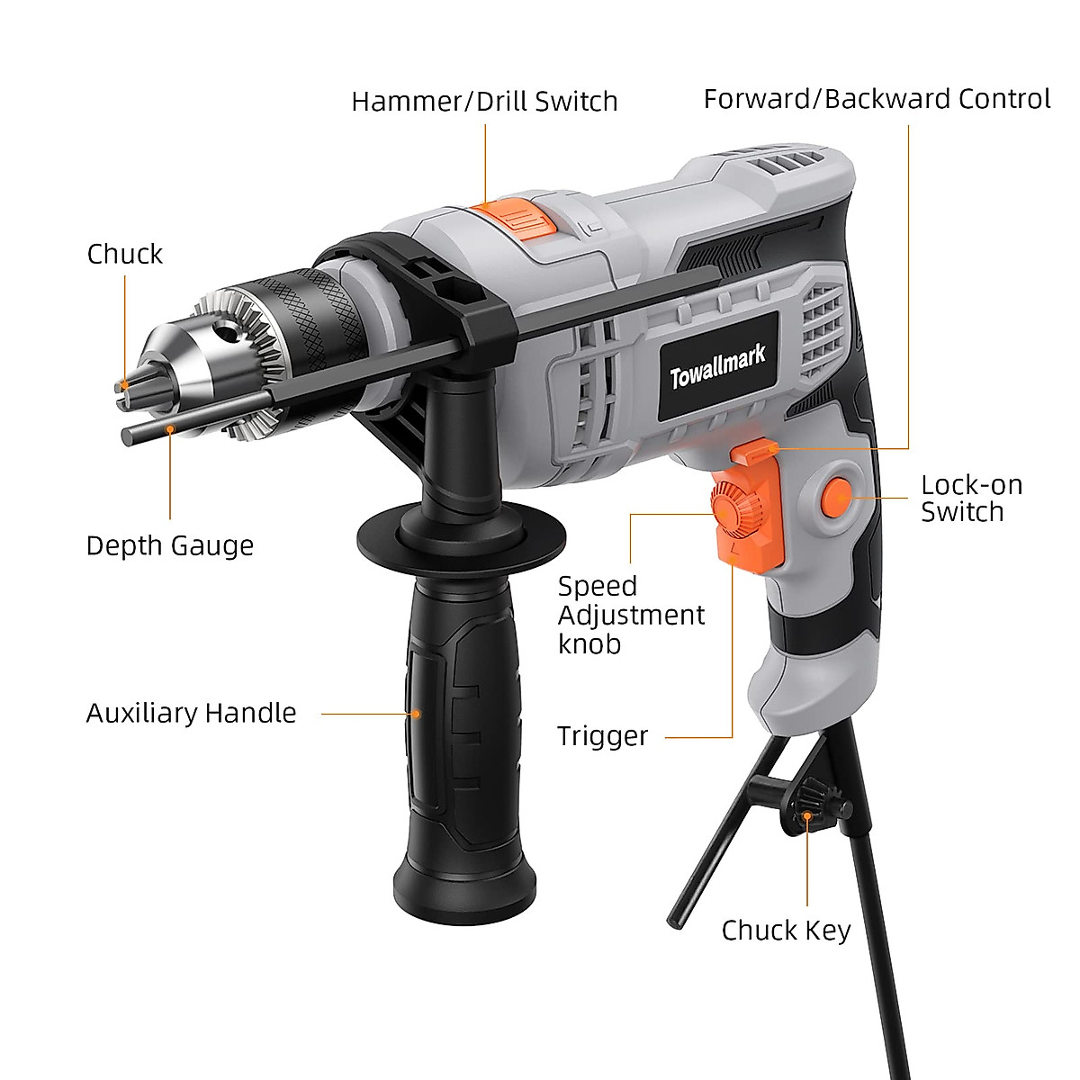 7-Amp Hammer Drill, Towallmark 1/2-Inch Electric Hammer Drill with 3000RPM, Variable Speed, 10 Drill Bits for Home Improvement, DIY, Masonry, Wood
