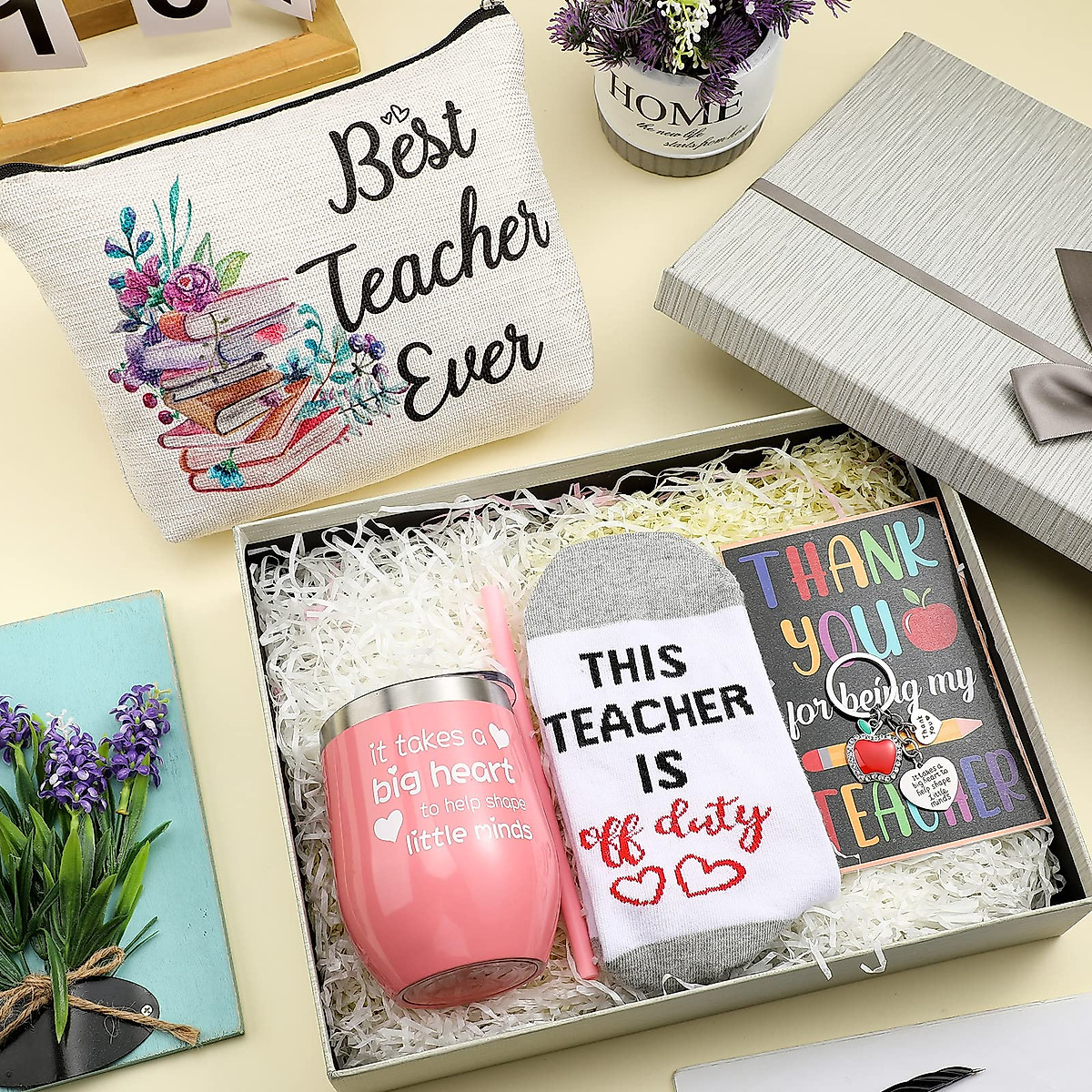 Newtay Teacher Appreciation Gifts Thank You Teacher Gifts Basket,12 oz Wine Tumbler Best Teacher Makeup Pouch Bag Keychains Teacher Socks for Teacher Appreciation Supplies (Big Heart)