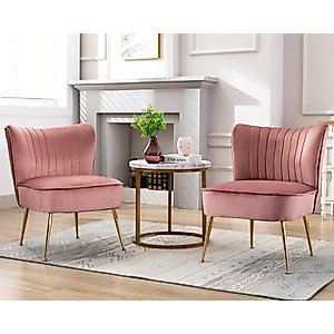 Janoray Velvet Accent Chair Set of 2 Comfy Mid-Century Modern Living Room Chair Armless Slipper Chair Single Sofa Chair with Golden Legs Wingback for Bedroom Guest Room, Pink